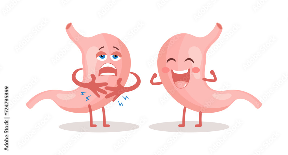 Healthy and unhealthy human stomach characters in cartoon flat style ...