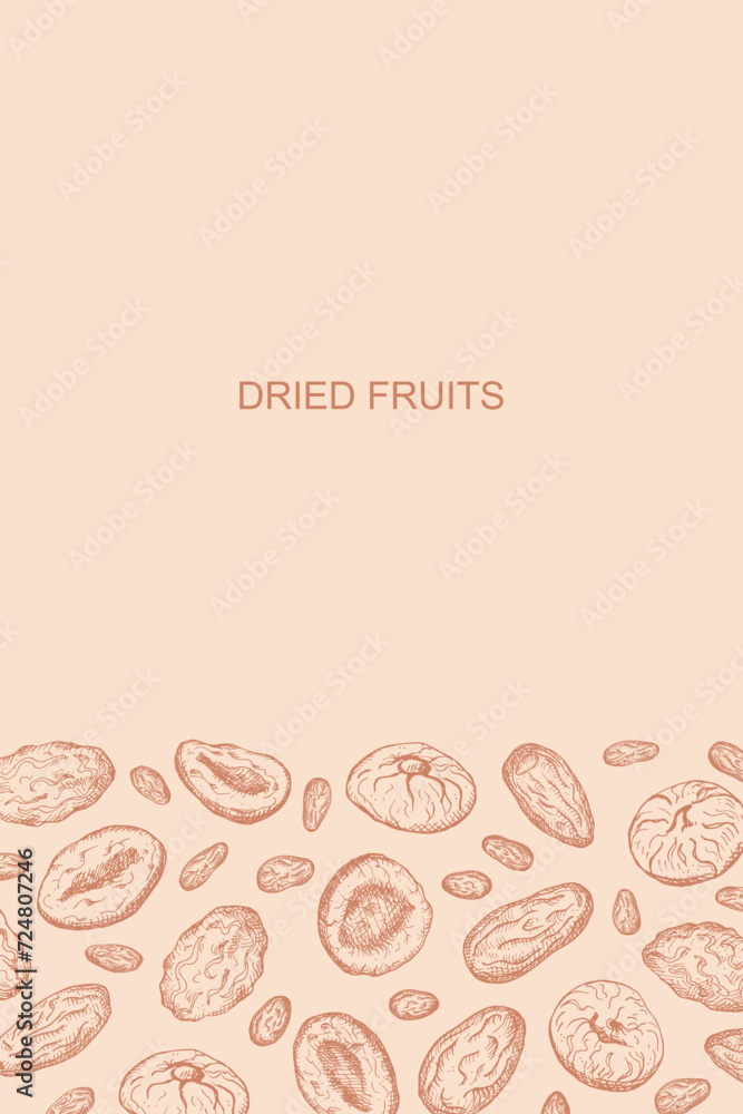 Dried fruits card design hand drawn sketch background vector illustration with Prunes, dried ...