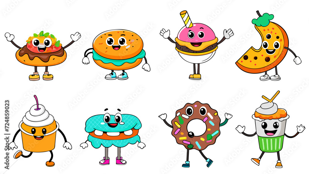 Cartoon Donut Retro Fast Food Characters Emoji Set. Whimsical ...