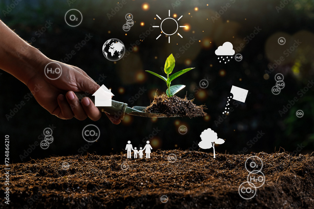 Farmer planting seedling in the middle of the icons. Concept green ...