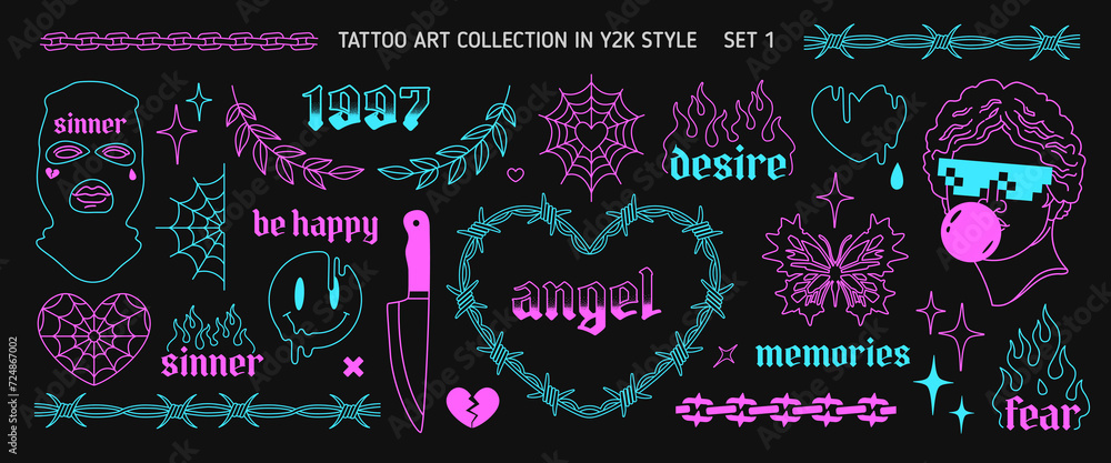 Y2k Glow Tattoo Art set 1 in 1999s 2000s style. Y2k opium style heart ...