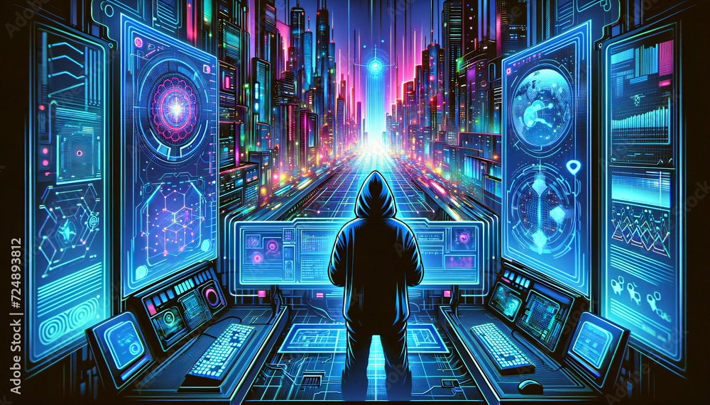 Illustration of a cyberpunk hacker inside a virtual realm, surrounded ...