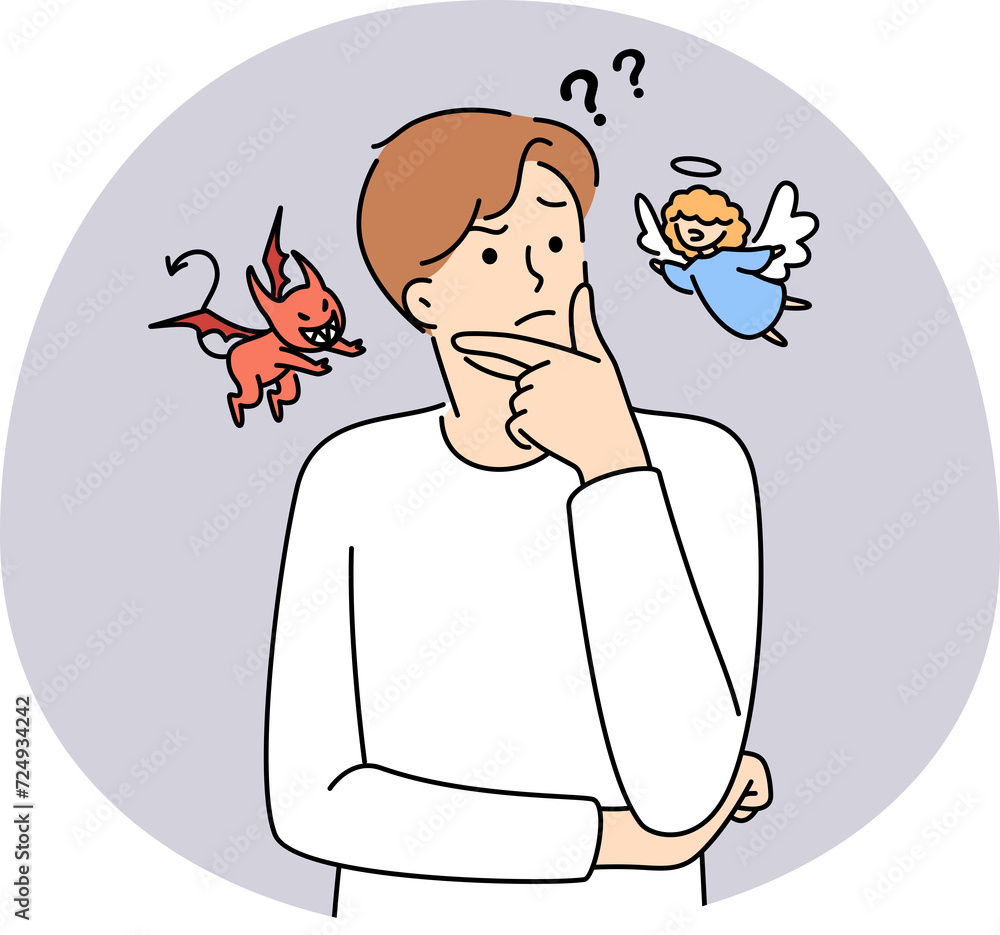 Confused young man with devil and angel on different sides decide or ...