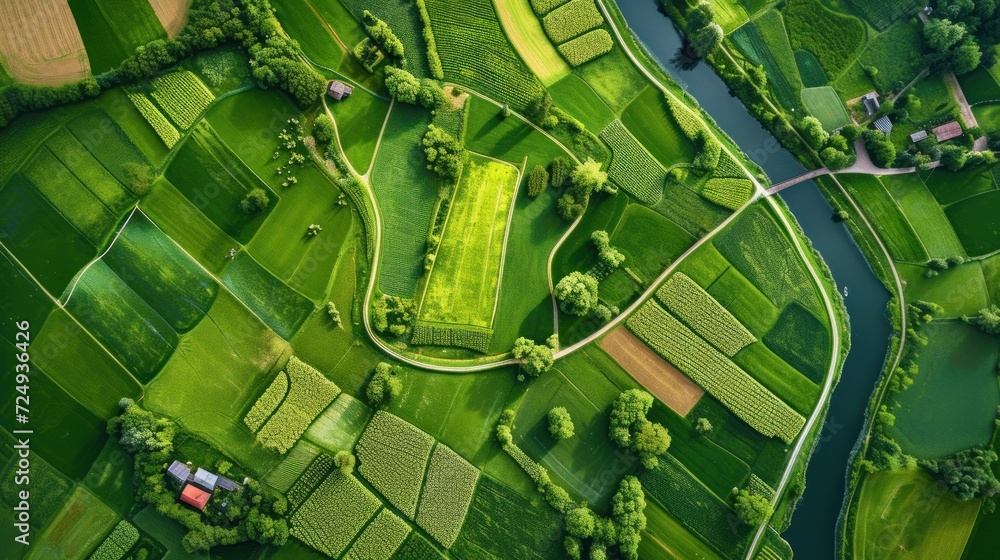 Aerial satellite view of cultivated agricultural farming land fields or ...