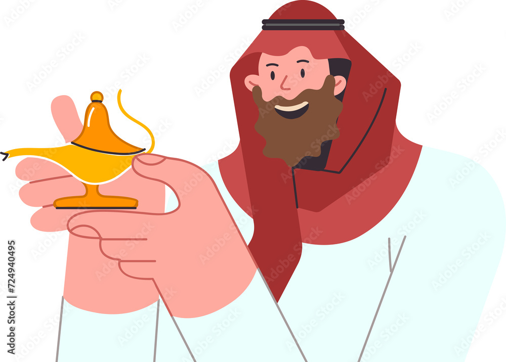 Genie in golden lamp in hands of arab man making wish, dressed in ...
