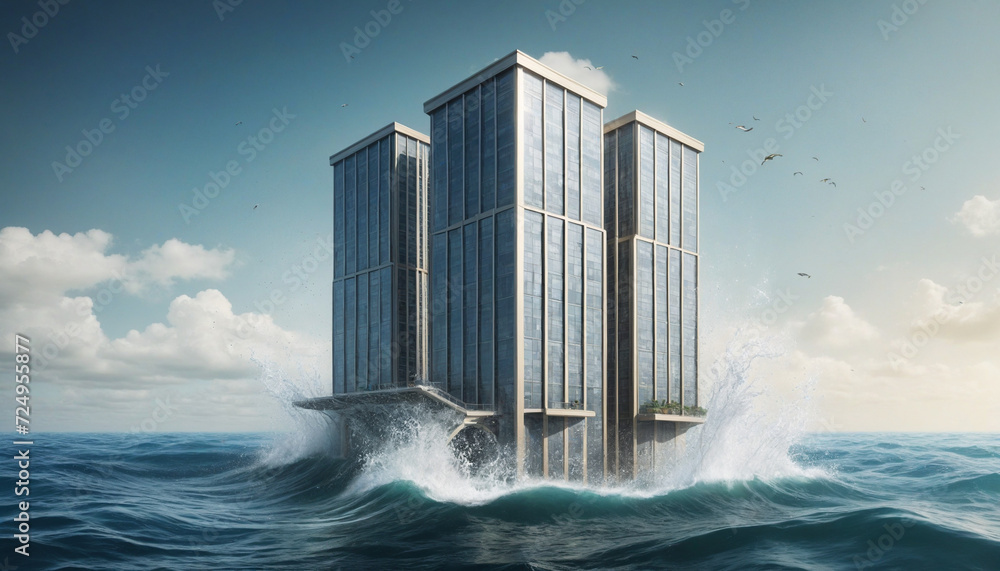 Skyscraper building sinking in middle of the ocean , real estate market ...