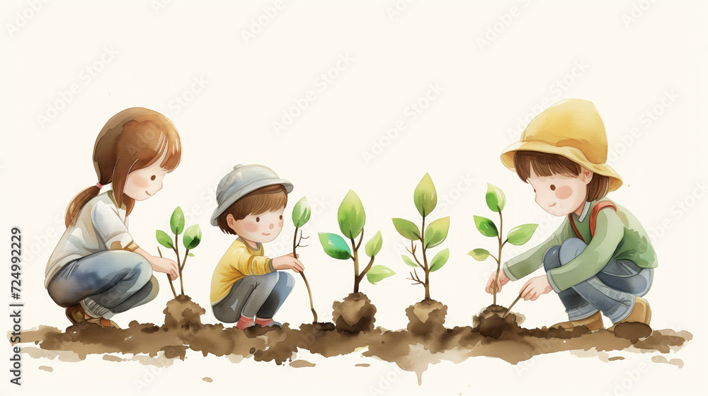 The concept of Earth Day. Cartoon characters planting seedlings and ...