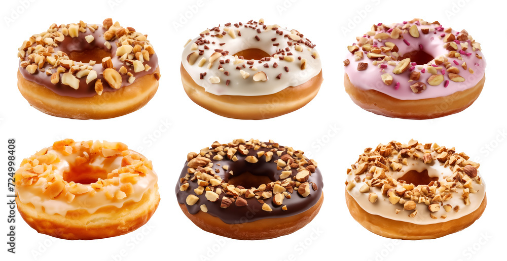Collection of round donut doughnut, glazed frost nut set, side view on ...