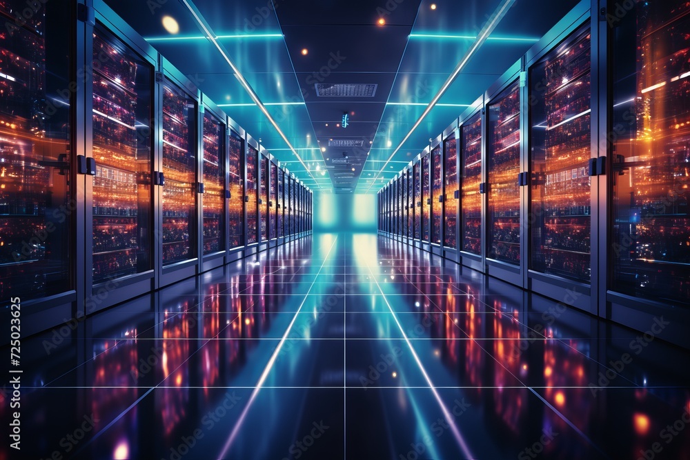 Server room with rows of rack-mounted servers. Supercomputer or mainframe. Data center. Cloud ...