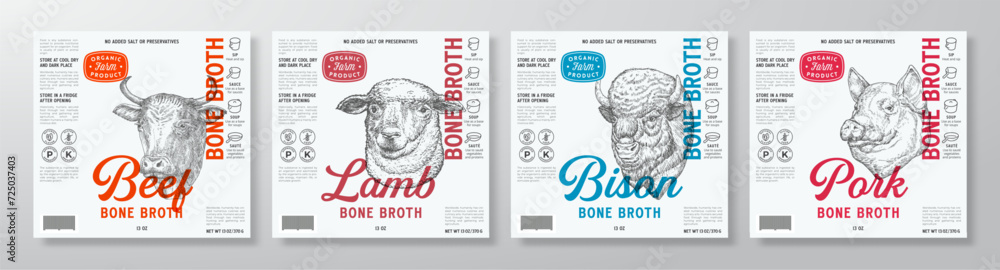 Bone Broth Label Templates Set. Abstract Vector Food Packaging Design ...