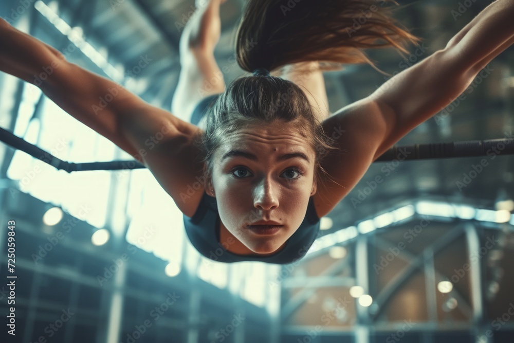 Gymnast in mid-air performing a routine, her concentration and athletic ...