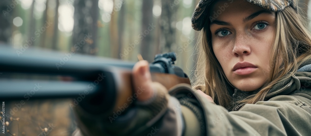 Forest portrait of a beautiful young woman hunter armed with a shotgun ...