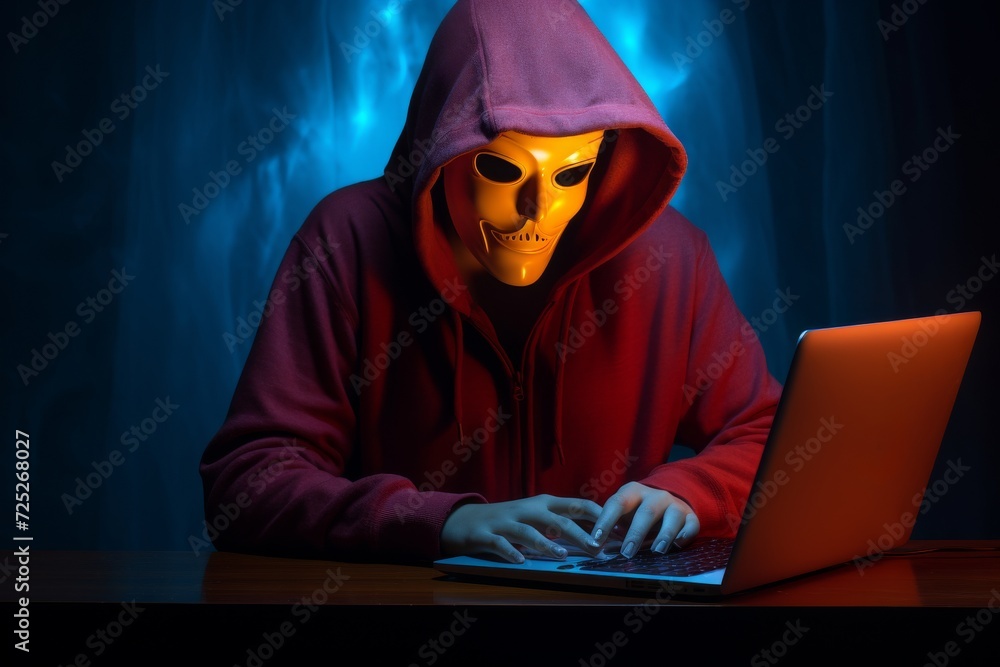 A masked and hooded hacker intently typing on a laptop, attempting to ...