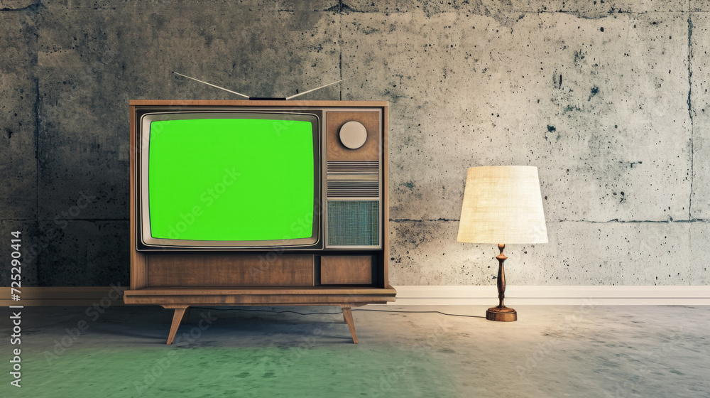 Vintage television with green screen next to a classic table lamp in a ...