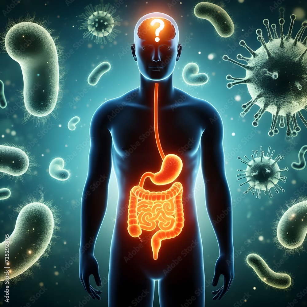 Human silhouette with glowing stomach brain connection and expanded ...