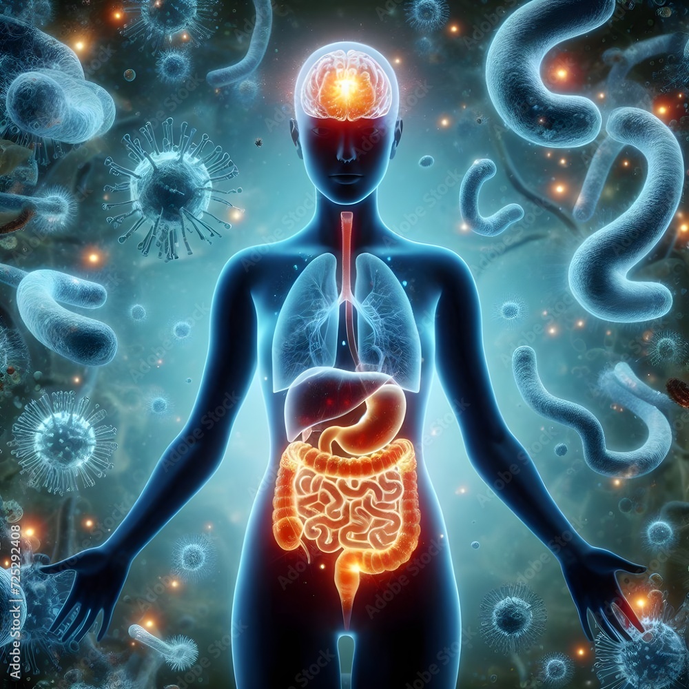 Human silhouette with glowing stomach brain connection and expanded ...