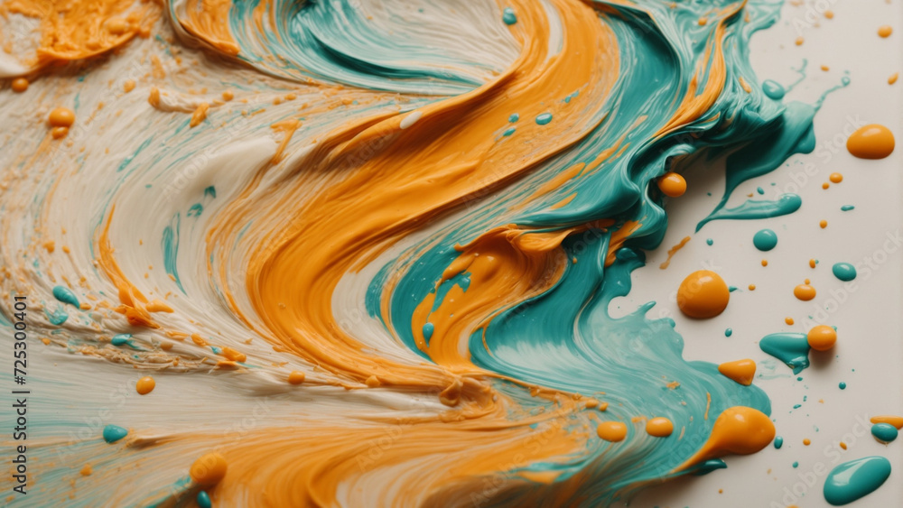 Orange and Turquoise overflowing colors. Liquid acrylic picture that ...