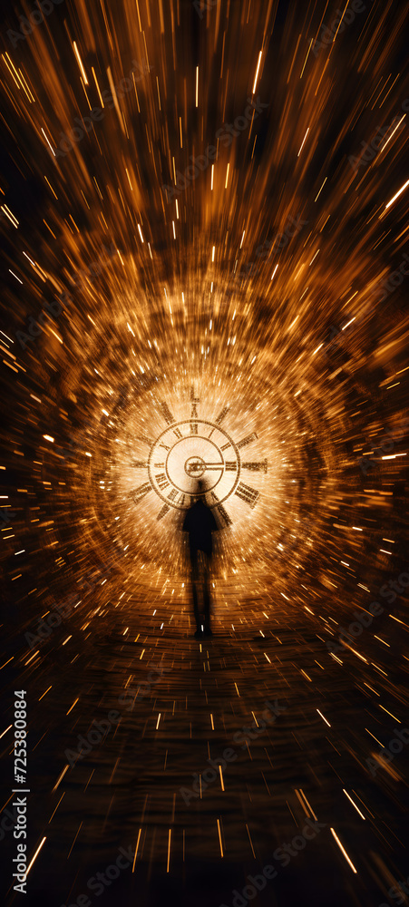 Man walking through a colorful time tunnel, time travel portal gateway ...