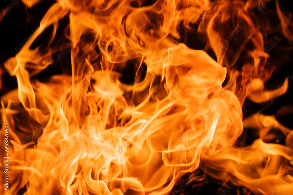 Raging orange flames of fire. Burning wood in the furnace. Bright ...
