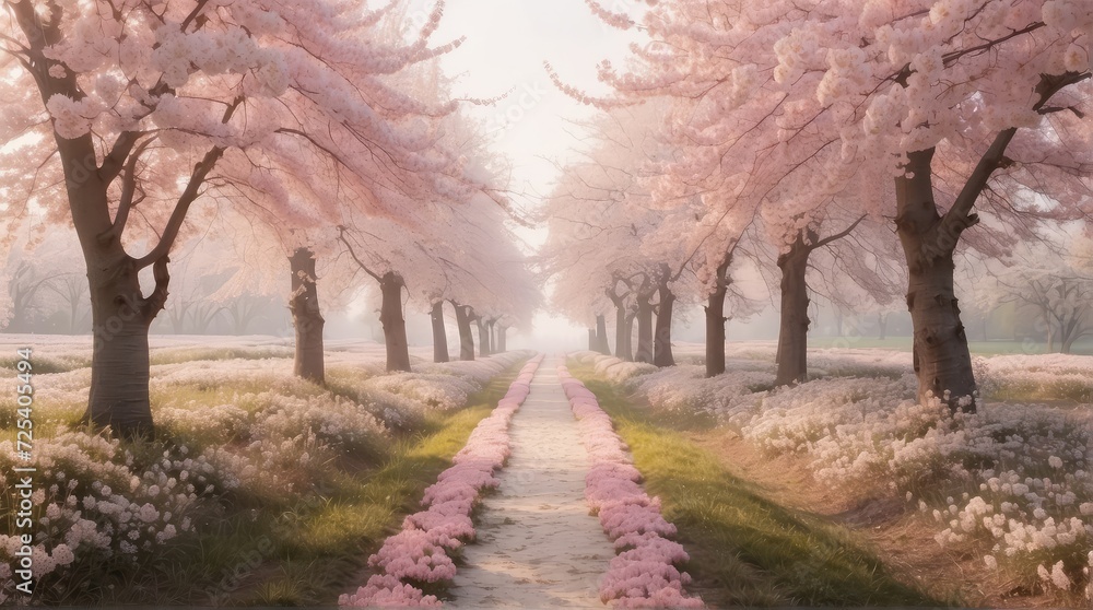 cherry blossom orchard, trees, pathway, photography backdrop, wedding ...