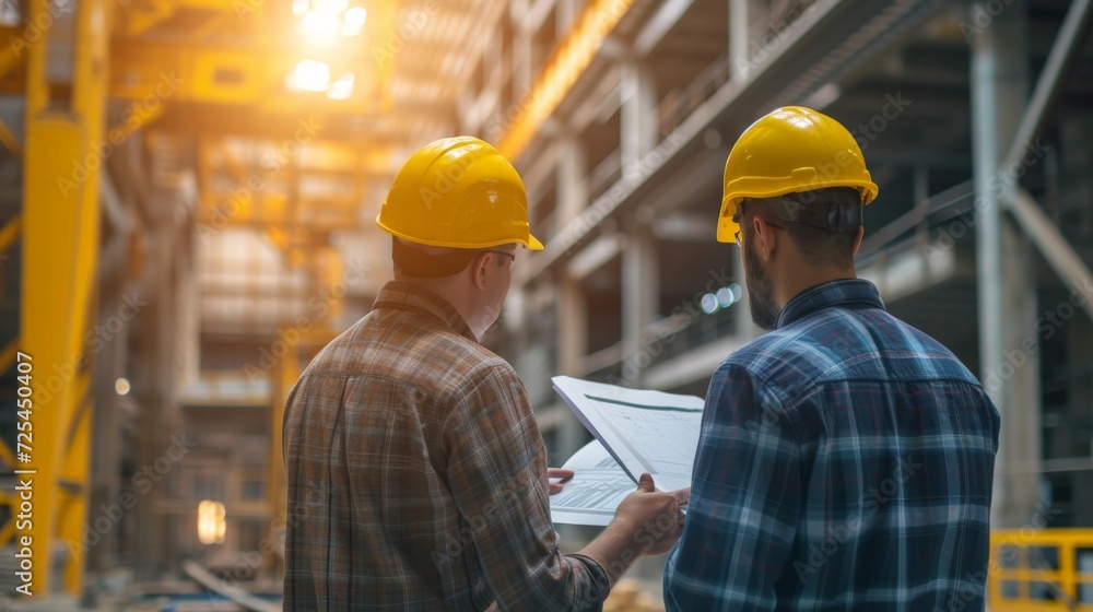 Teamwork men in construction site, Two civil engineer or professional ...