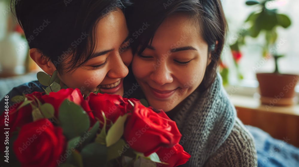 Happy transgender couple together holding flowers. Engagement ...