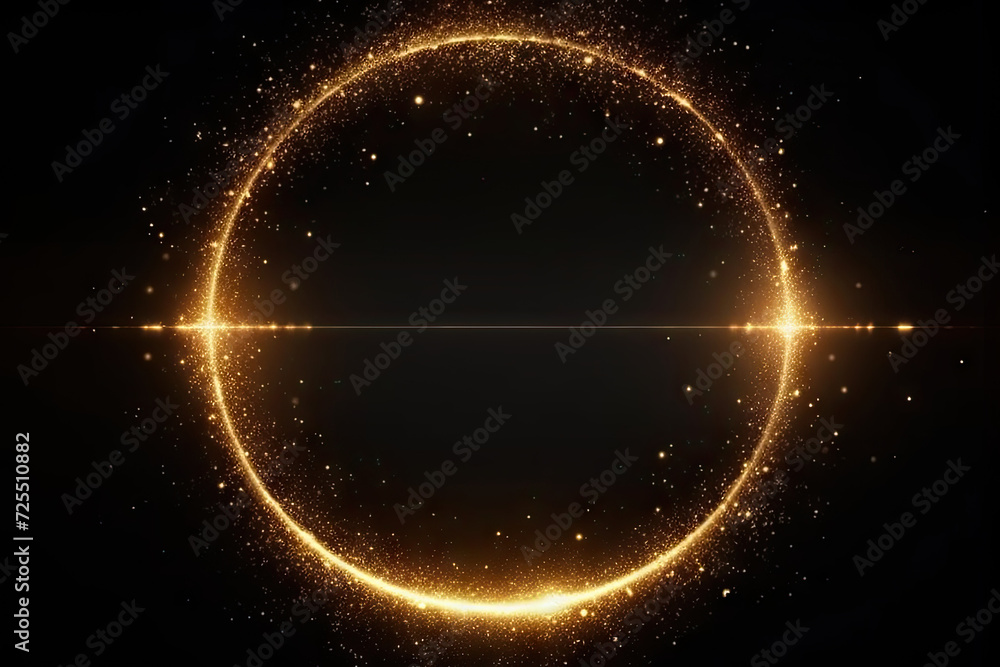 gold circle light frame on black background.golden light effects on ...