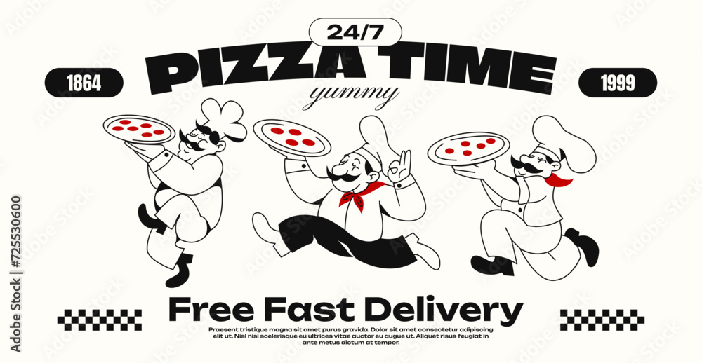 Cartoon characters chefs pizza delivery man in retro 90s style. Vintage ...