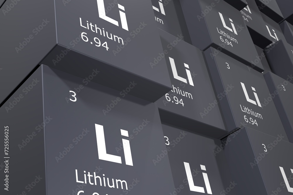 Ilustrace Lithium, 3D rendering background of cubes of symbols of the ...