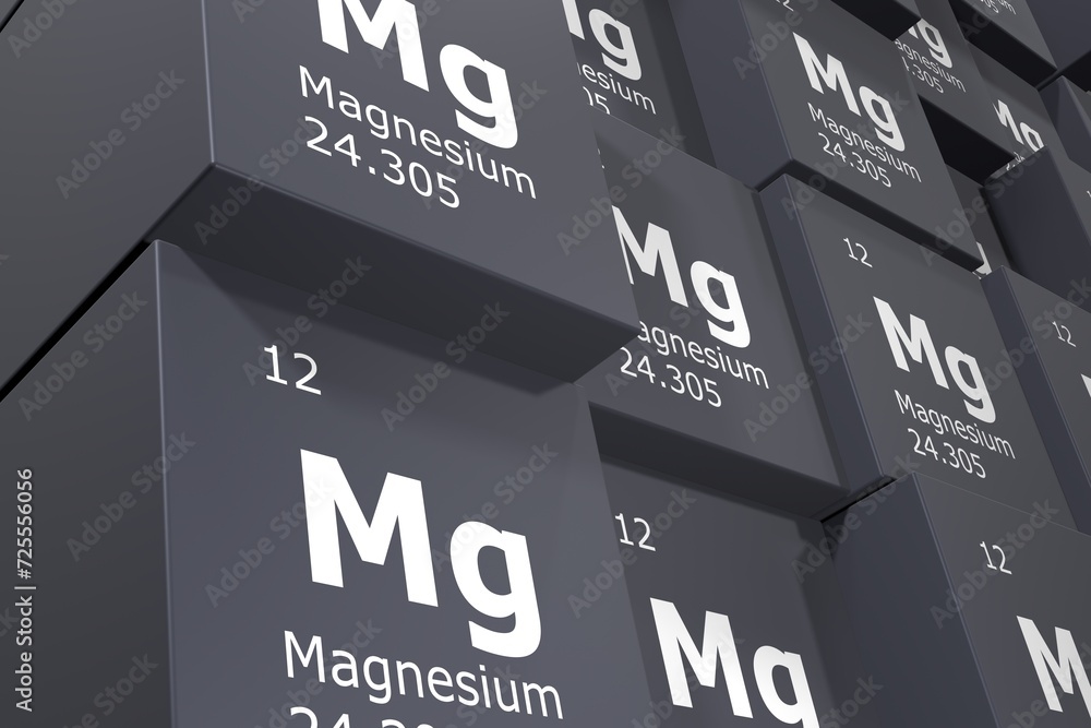 Magnesium, 3D rendering background of cubes of symbols of the elements ...