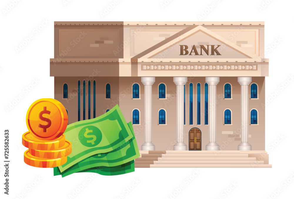 Bank building with banknotes and coins. Money savings concept. Vector ...