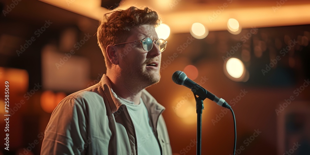 Aspiring singer performing at a cozy venue. passionate artist on stage ...