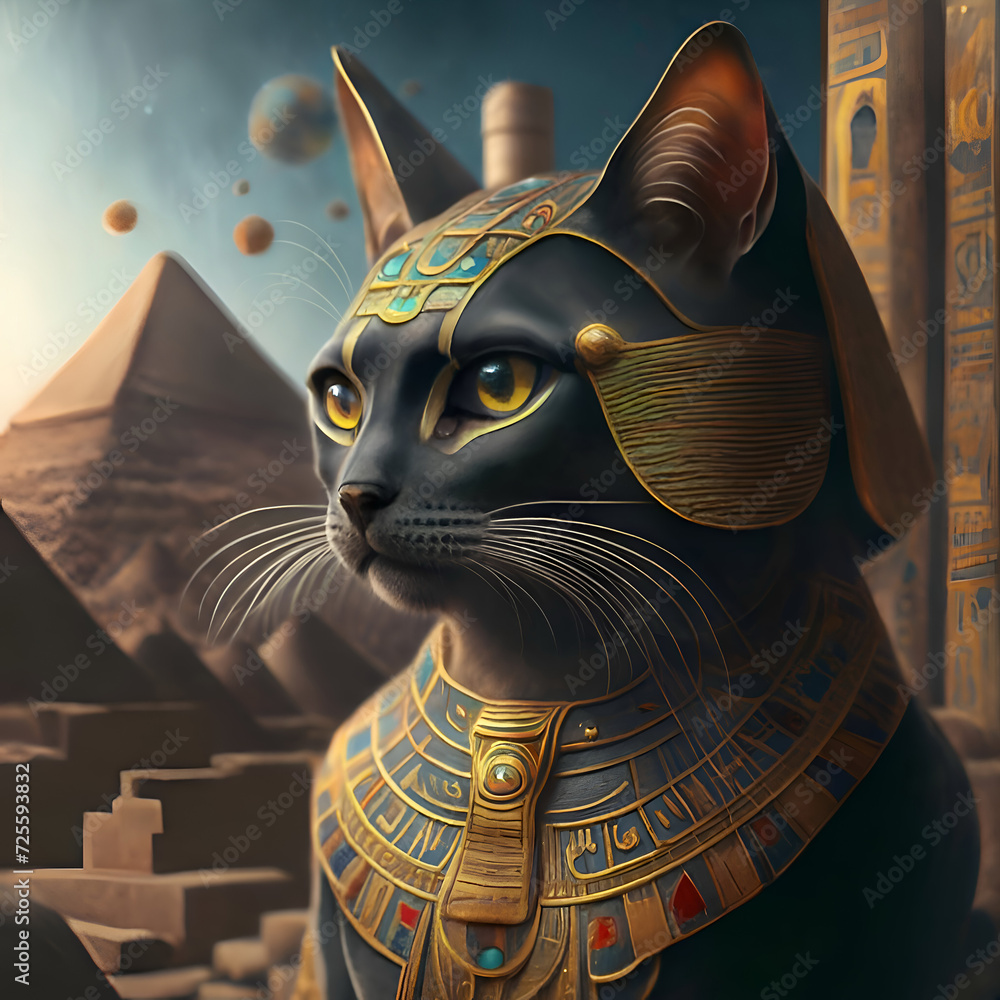 black egyptian Bastet cat seating on stone at temple background with ...