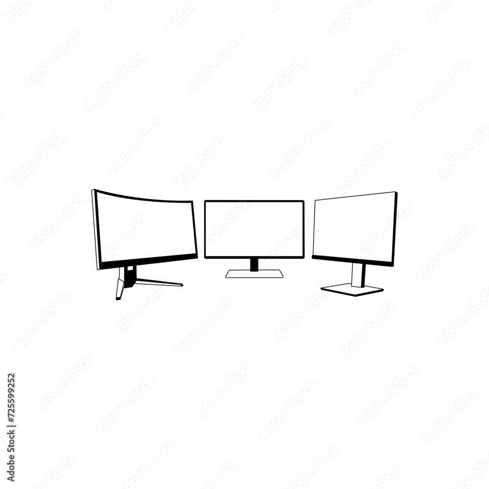 Curved gaming computer monitor outline icon. Flat monitor wall. Media ...