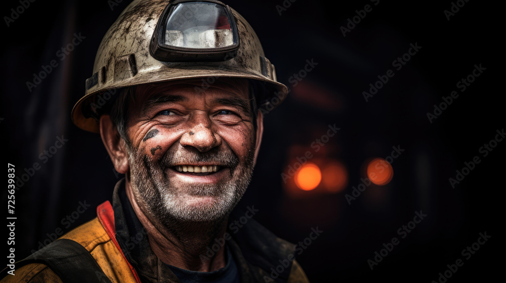 Smiling and happy coal mine male worker wearing head protection helmet ...