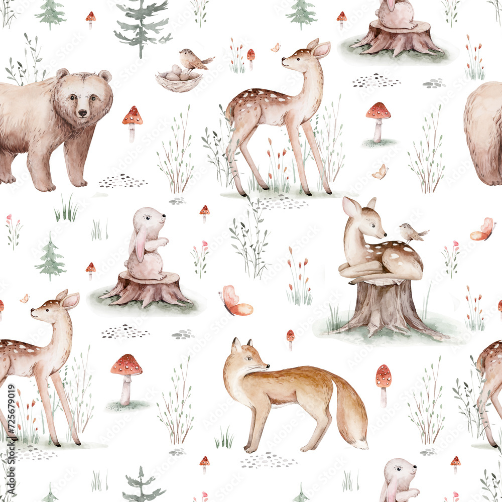 Watercolor Woodland animals seamless pattern. Fabric wallpaper forest ...