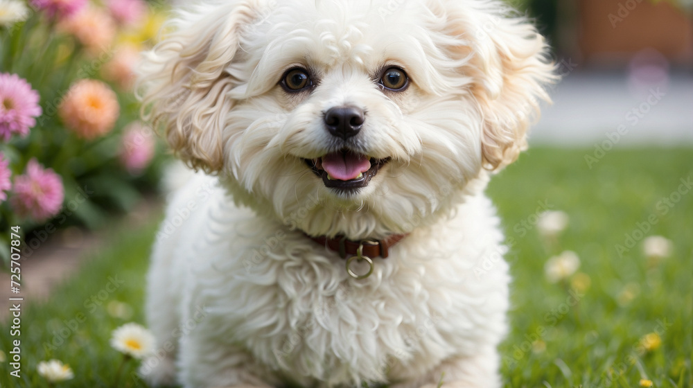 Adorable perrito blanco y feliz de la raza Bichon Frize, en un jardín ...