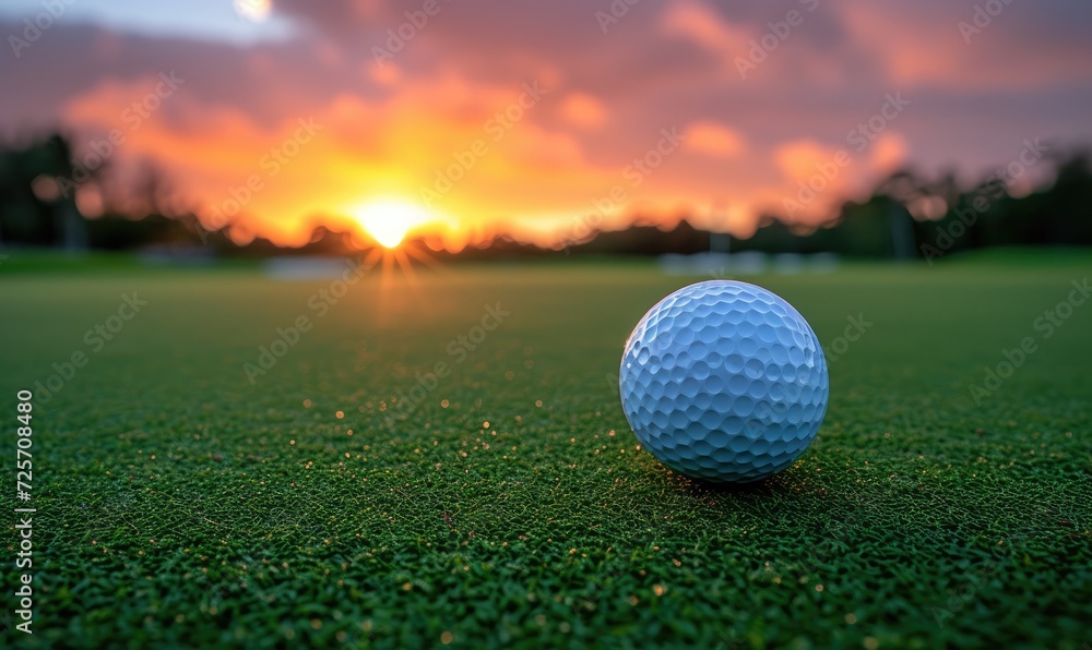 A detailed view of a golf ball on the green with a vibrant sunset ...