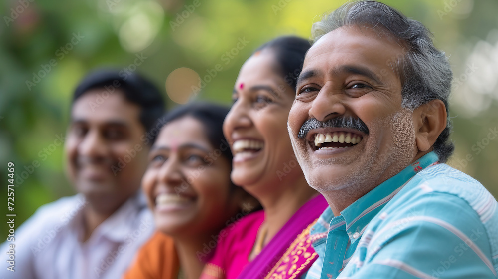 Indian family, smiling, joy, traditional clothing, multi-generational ...