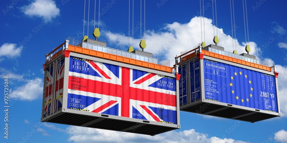 Shipping containers with flags of United Kingdom and European Union ...