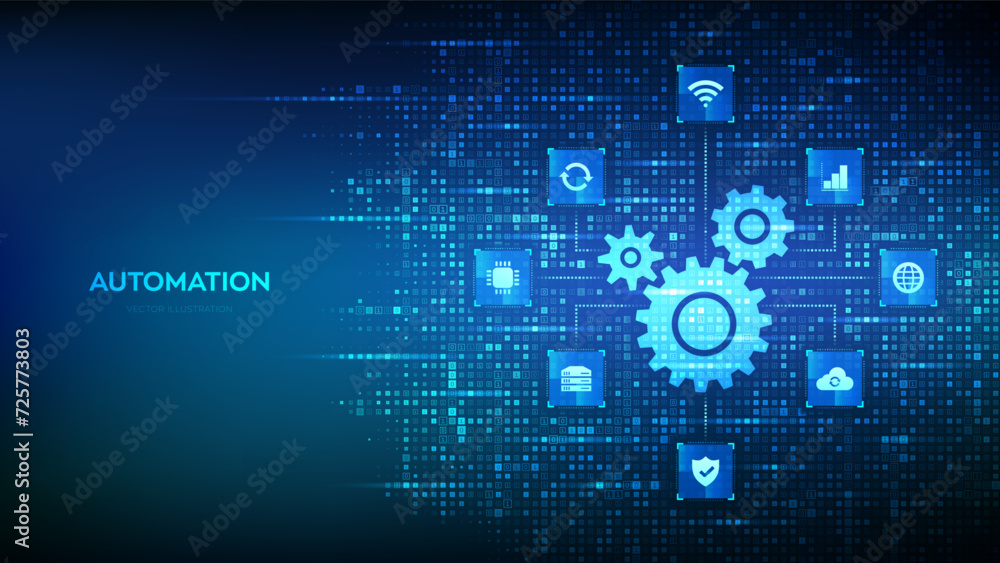 Automation Software. Gears icon made with binary code. IOT and ...