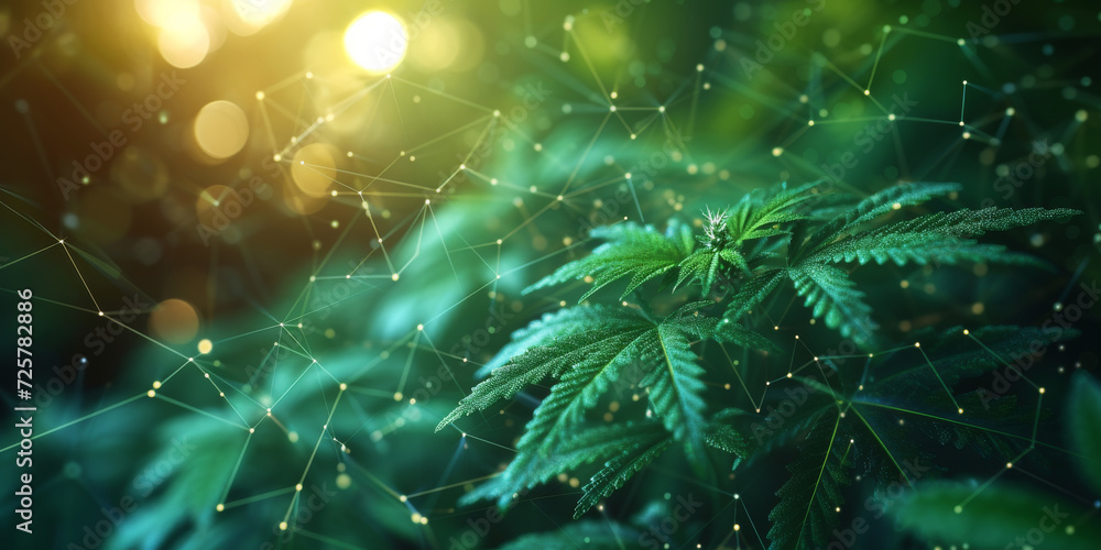 Sparkling Green Cannabis Leaves. Cannabis plant leaves with digital ...