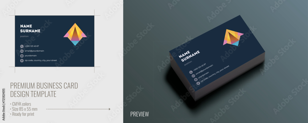 Vector business card design with color background and geometrical logo ...