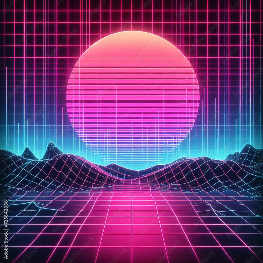 80s retro futuristic sci-fi background. Retrowave VJ videogame landscape with neon lights and ...