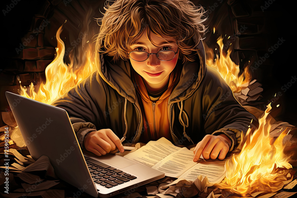 Young enthusiastic writer working intently on laptop, surrounded by ...