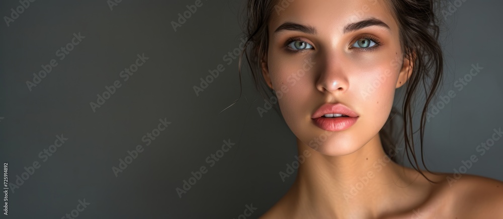 Beautiful young woman with exposed shoulders, portrayed against a gray ...