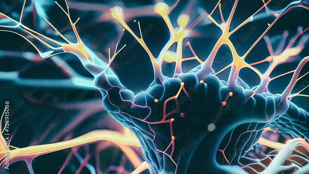 Neural network - images of neural cells. Synapse on a black background ...