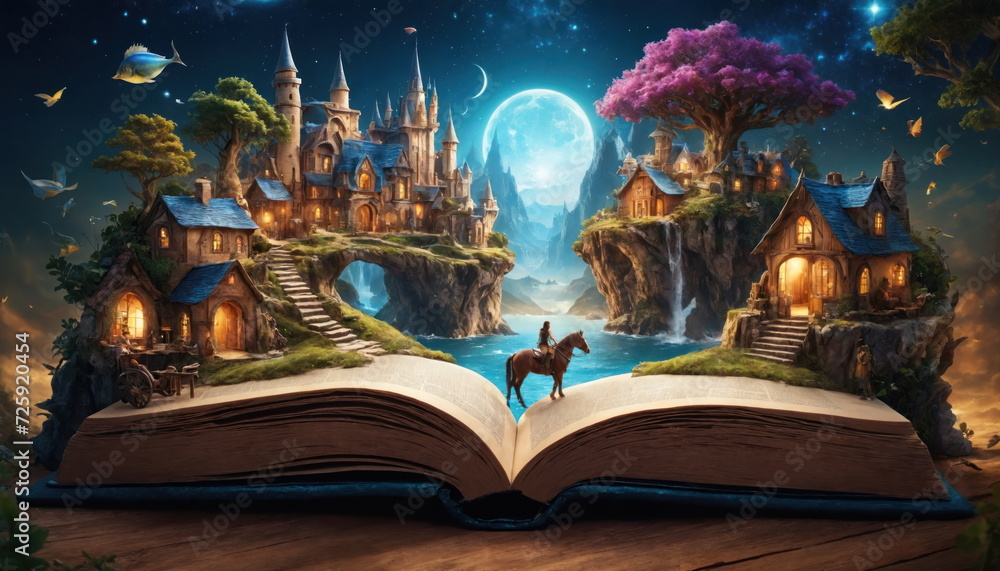 An open storybook reveals a breathtaking fantasy landscape with a ...