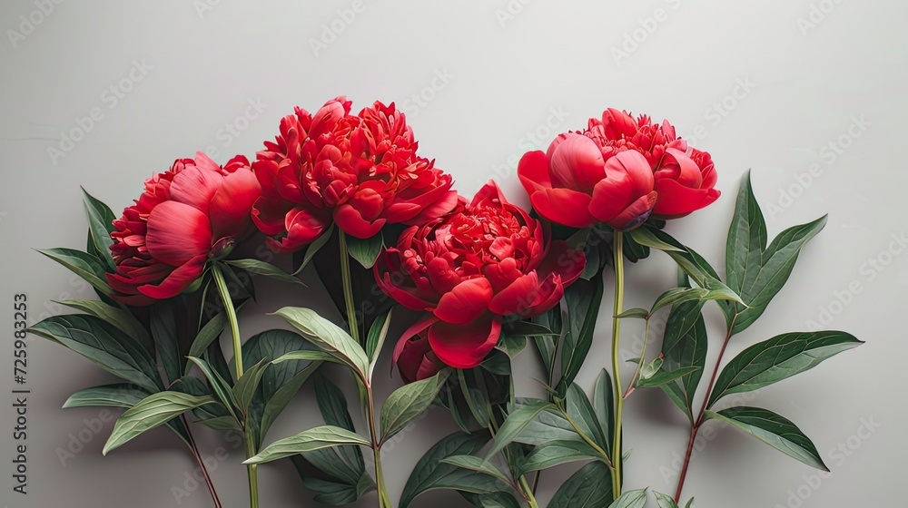 the brightness of red peonies and green leaves. Placed close to the ...