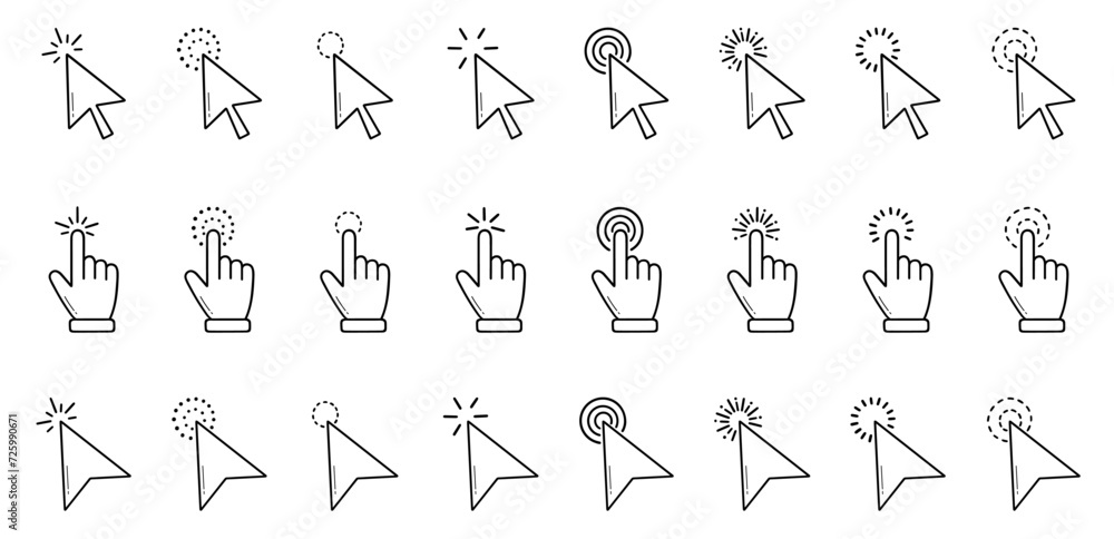 Finger click, computer pointer icon doodle set. Mouse cursor, digital ...